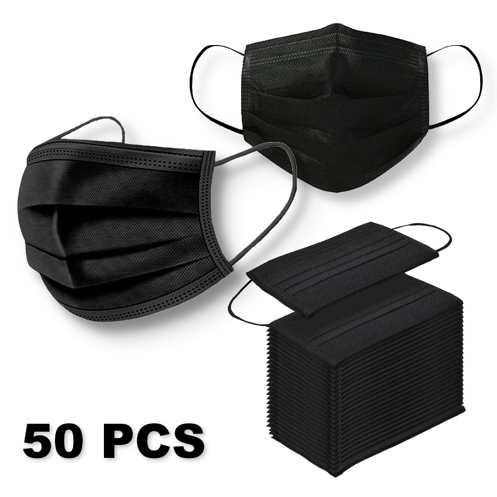 Disposable Face Masks Earloop Black 3-Ply Unisex Mouth & Nose Cover 50 ...