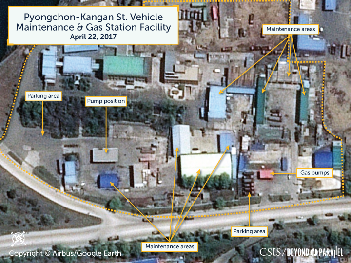 Ground view (left) and aerial view (right) of Pyongchon-Kangan Highway ...
