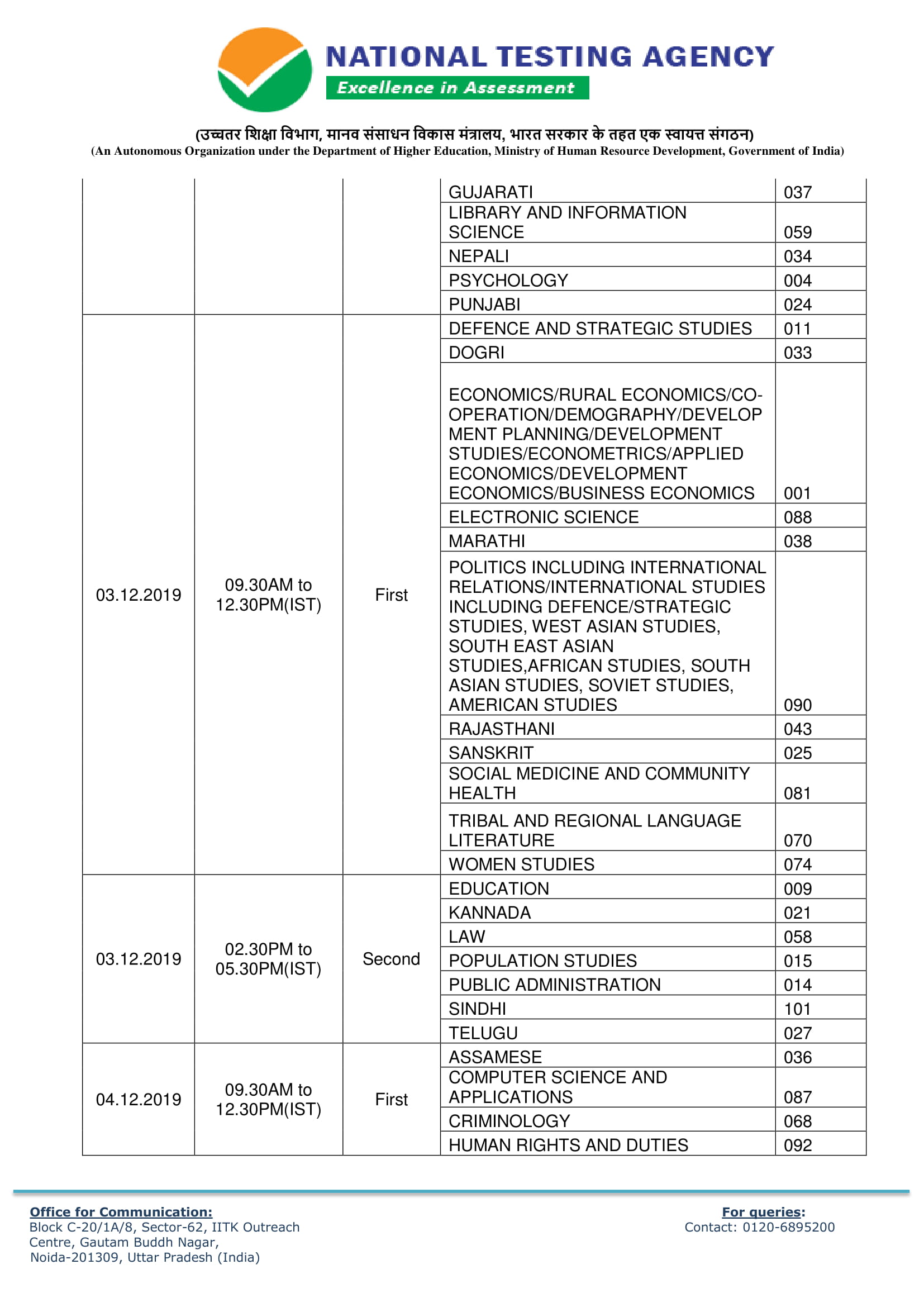 NTA : Date and Subject Wise Schedule for UGC-NET December 2019 ...