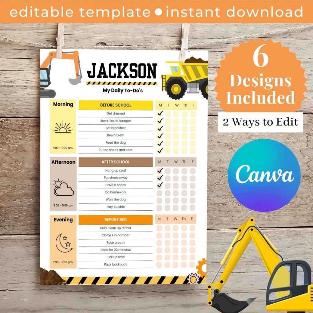 Construction Editable Daily Routine Checklist Birchmark Designs