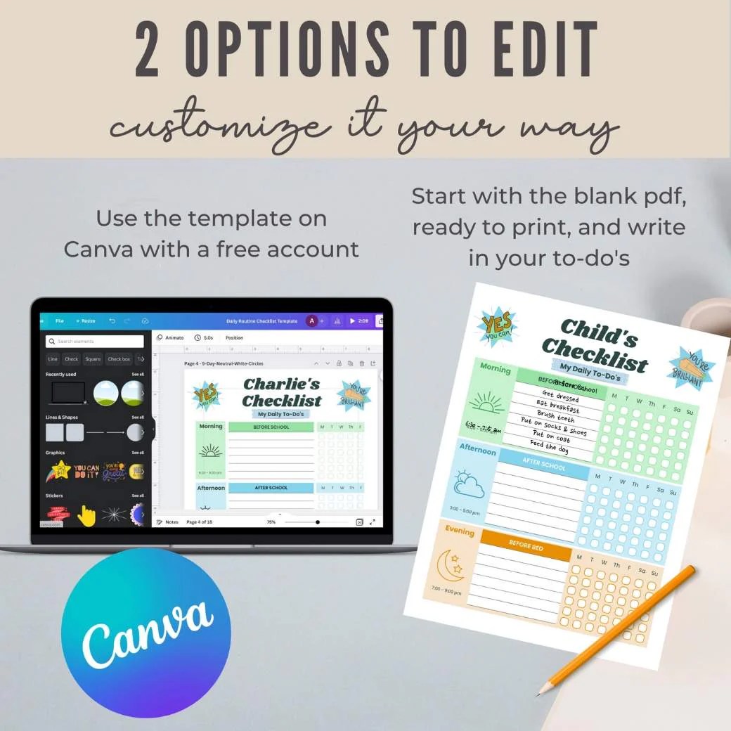 Editable Kids Morning Routine Chart Birchmark Designs