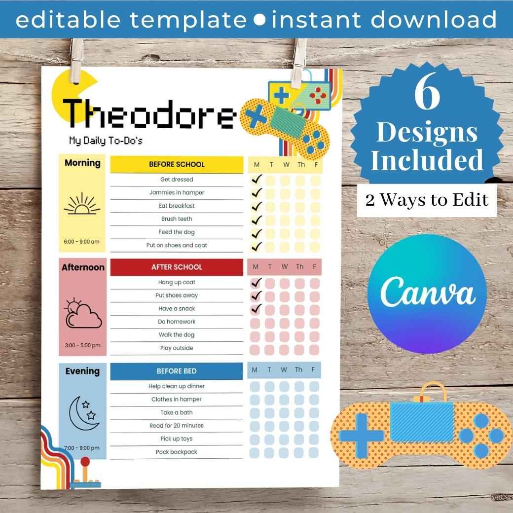 Gamer Editable Daily Routine Checklist Birchmark Designs