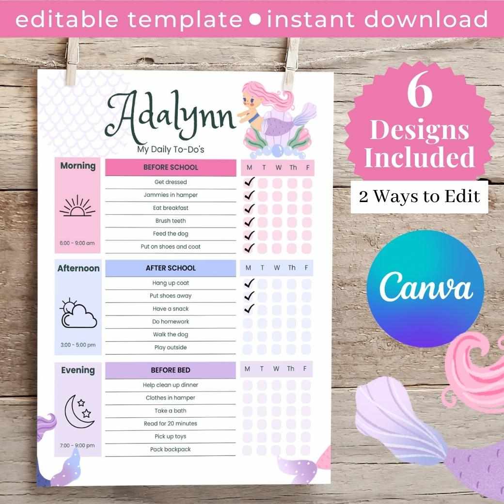 Mermaid Editable Daily Routine Checklist Birchmark Designs