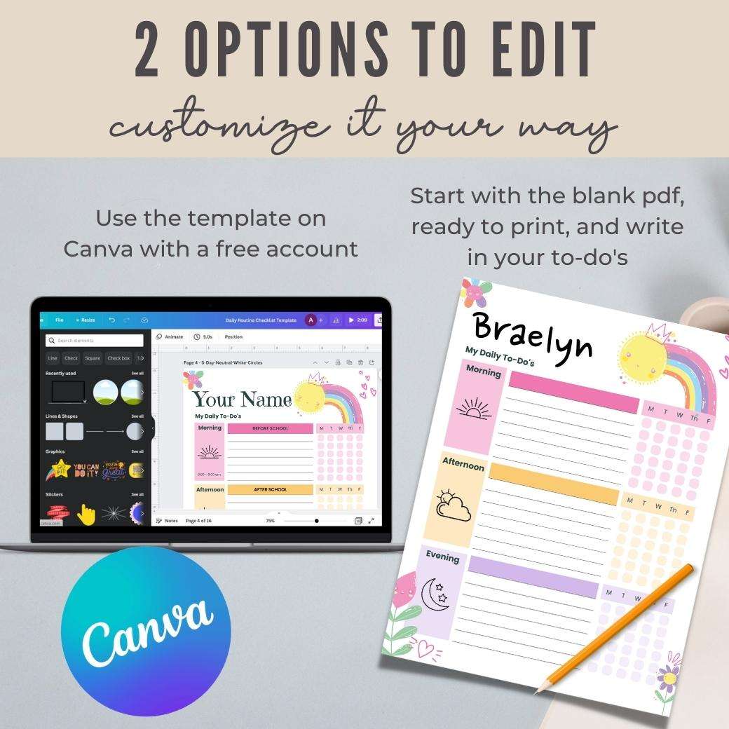 Rainbow Editable Daily Routine Checklist Birchmark Designs