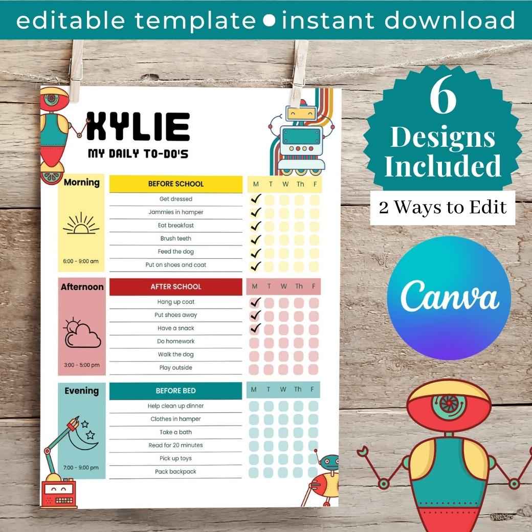 Robot Editable Daily Routine Checklist Birchmark Designs