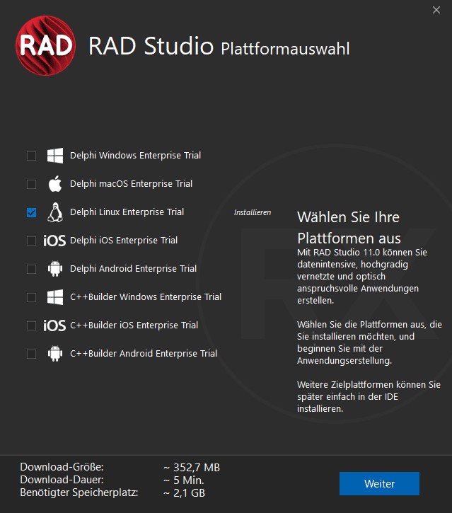 RAD Studio 11 (Delphi) mit Linux-GUI-Anwendungen für WSL2 mit Windows 11