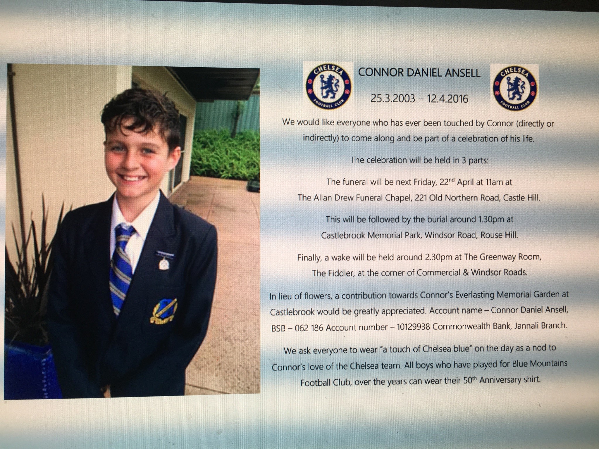 Celebration of Connor’s Life – Blue Mountains Football Club