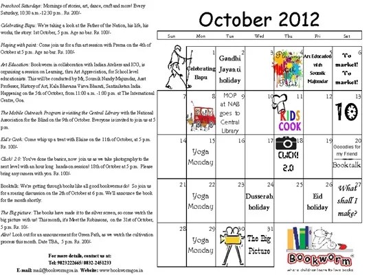 October 2012 Calendar – Bookworm Trust