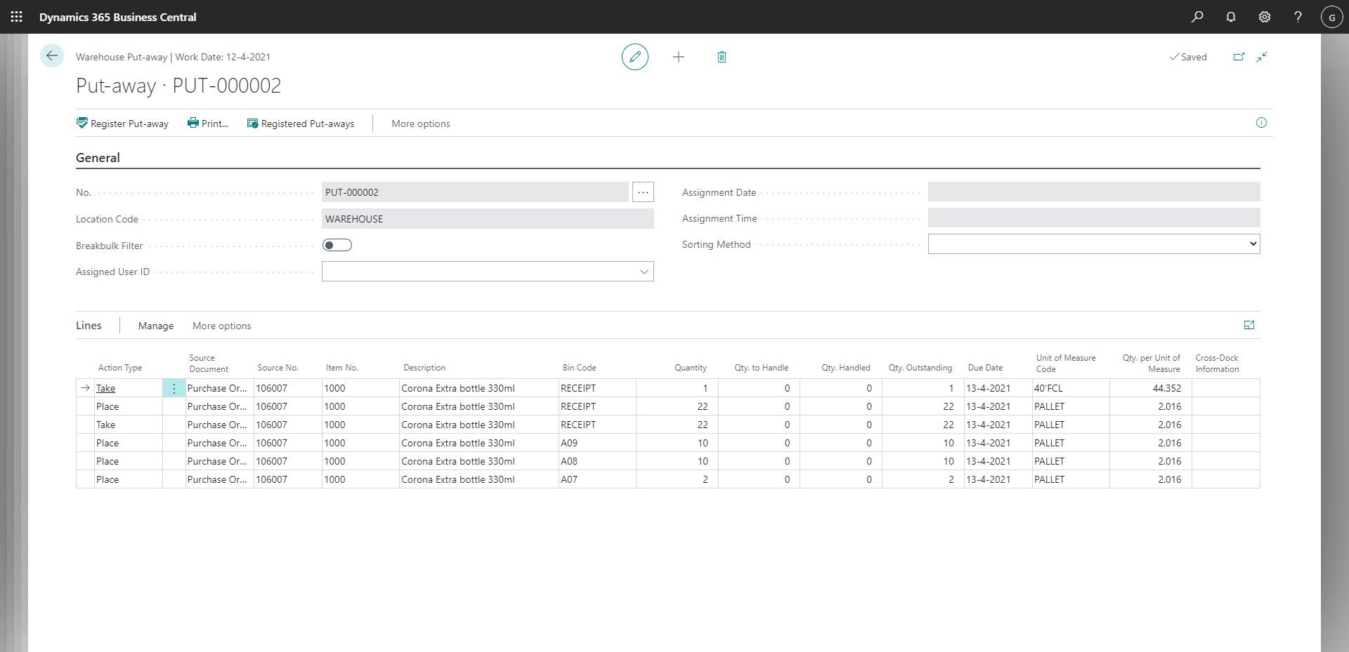 Warehouse: inbound process purchasing a container with 22 pallets ...