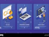 Three Vertical Programming Coding Development Isometric Banner Set With