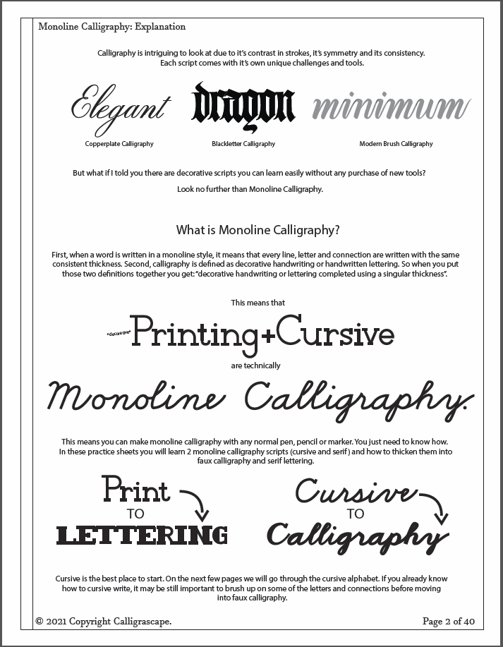 Master Class Monoline & Faux Calligraphy Practice Sheets - Calligrascape