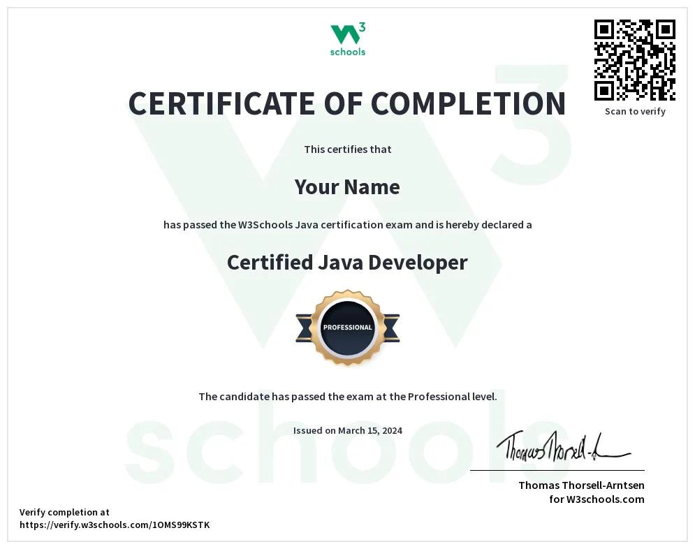 Java Certification Exam W3schools