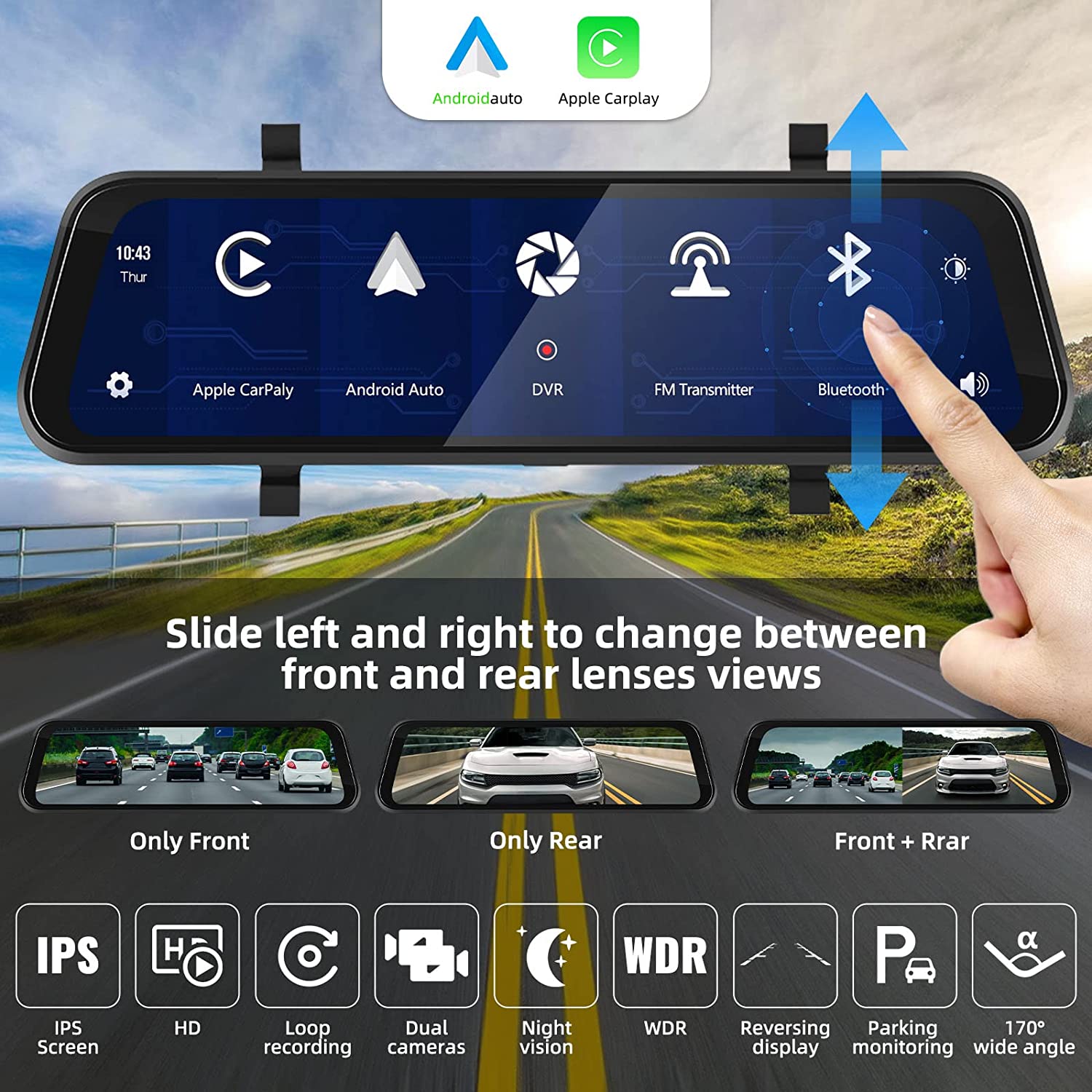 CLAYTON Round HD Rear View Mirror Recorder with Carplay and Android ...