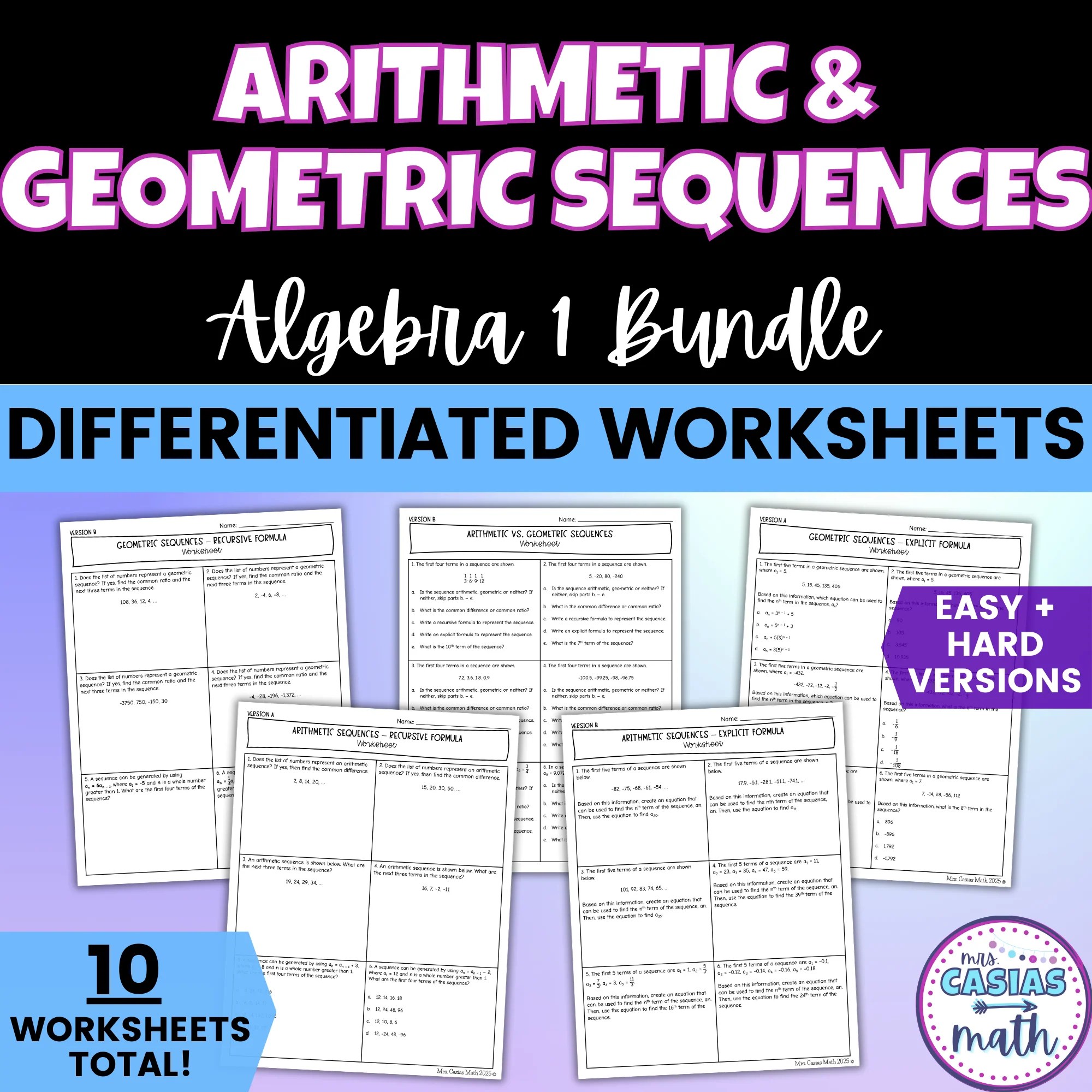 Arithmetic And Geometric Sequences Algebra 1 Differentiated Worksheets