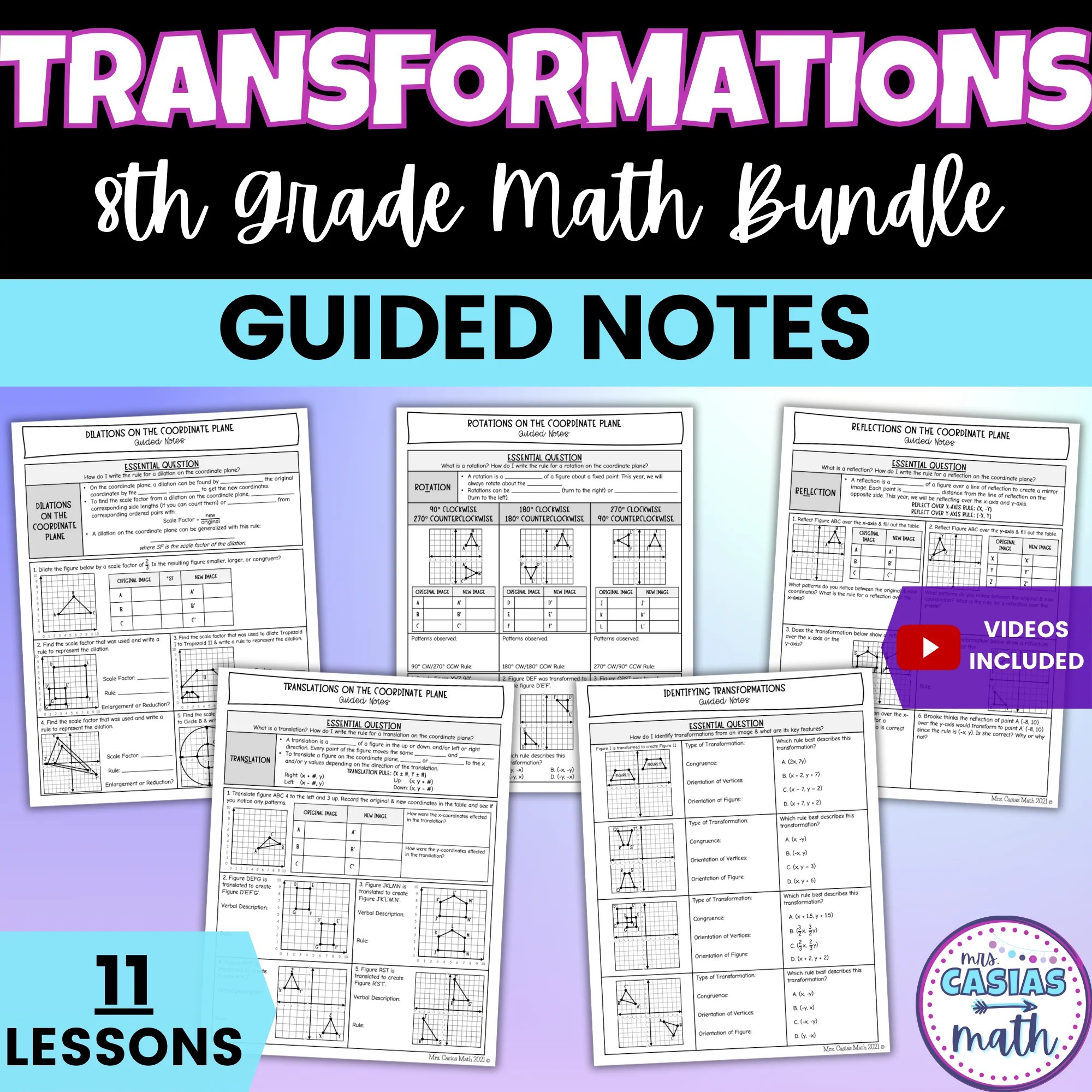 Transformations Guided Notes Lessons 8th Grade Math Casias Math
