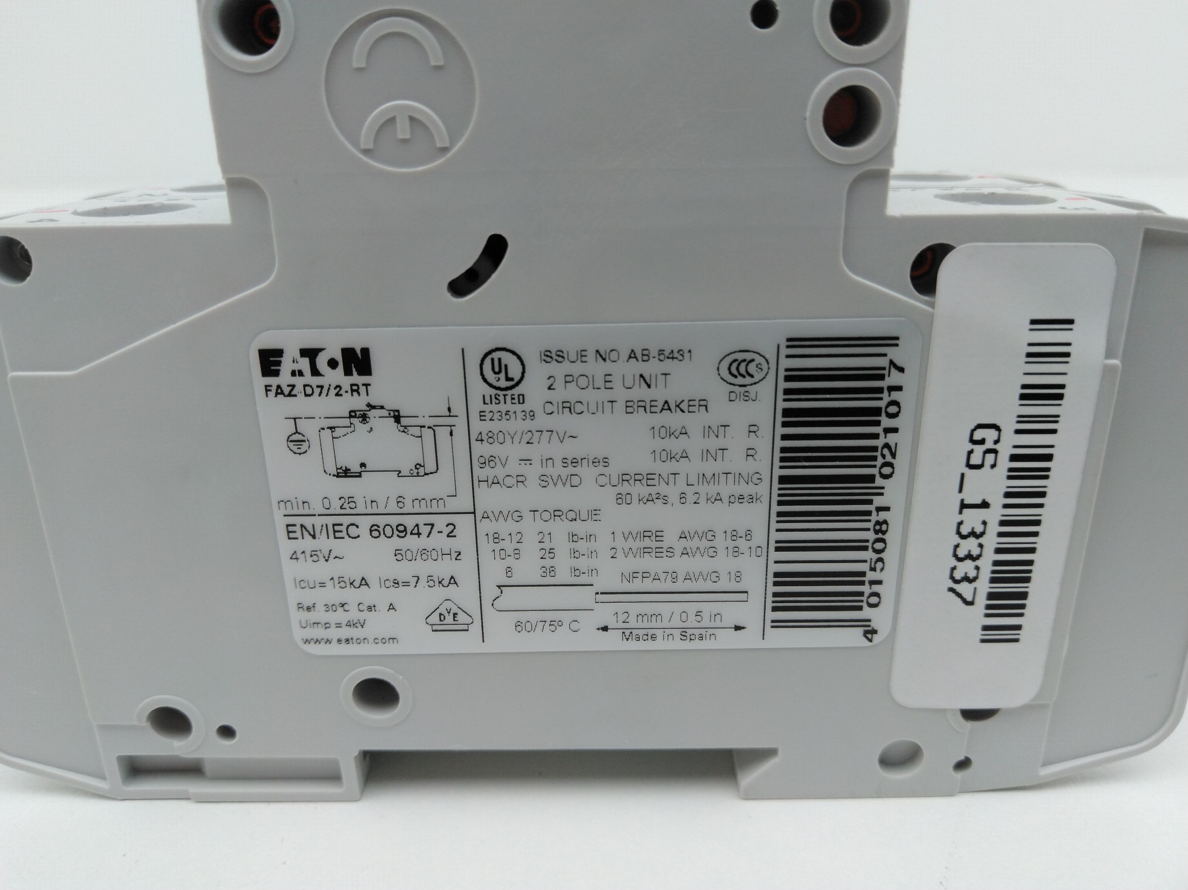 Eaton FAZ-D7/2-RT Circuit Breaker, 7A, 2Pole