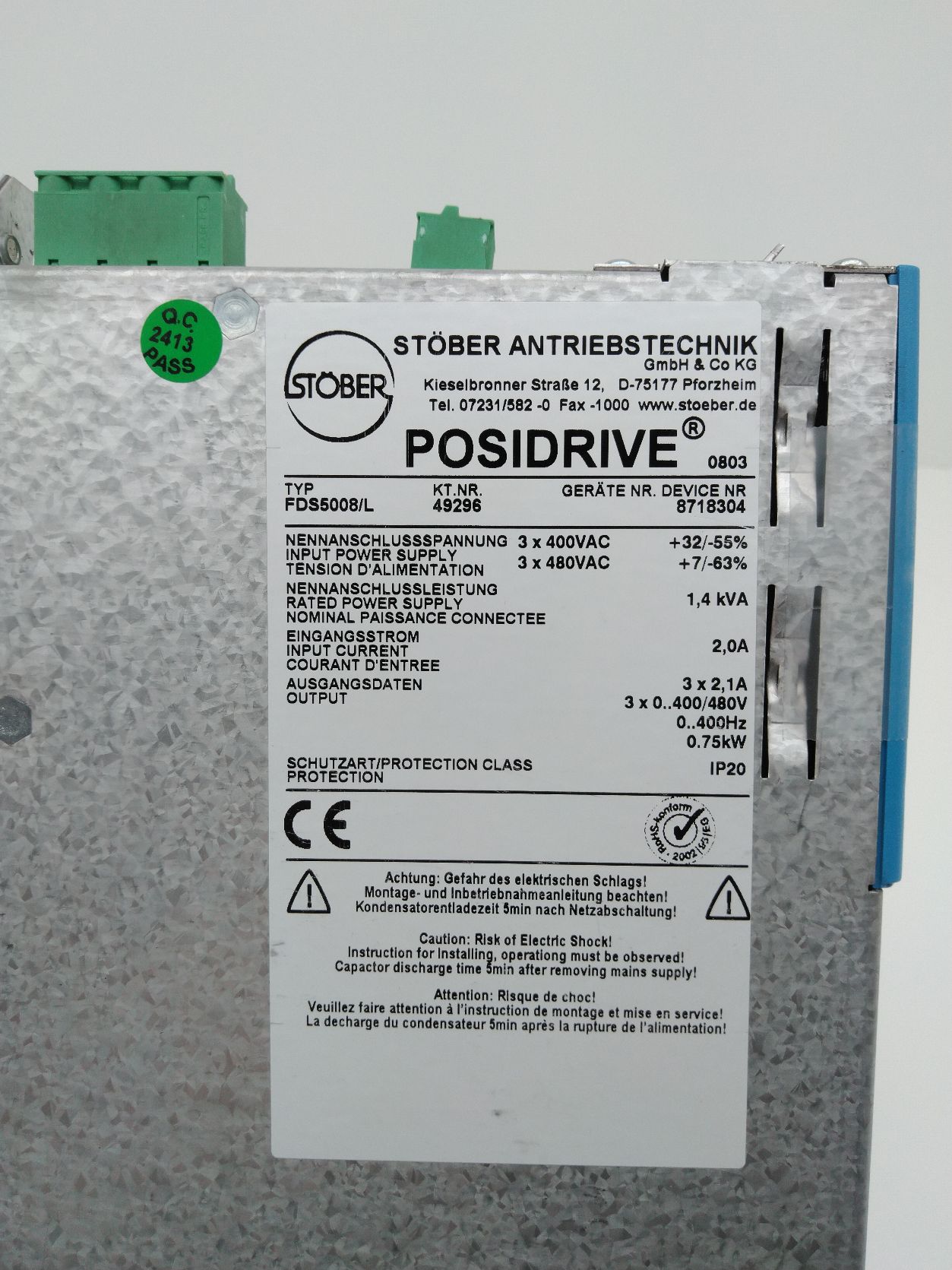 Stober FDS5008/L 0.75KW, 400Hz Posidrive Inverter w/ Paramodul