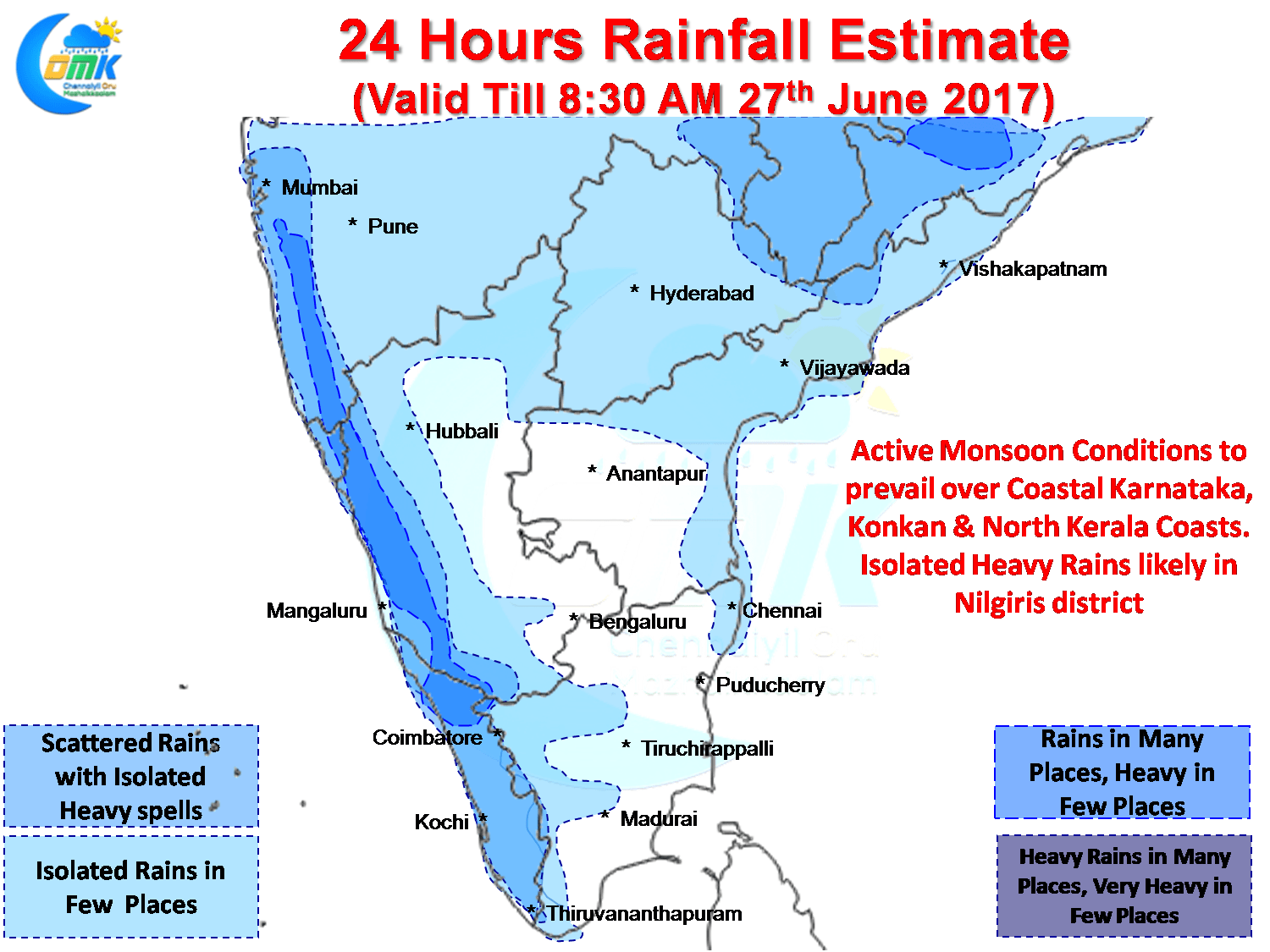 Active Monsoon Conditions to Prevail over West Coast - Chennairains (COMK)