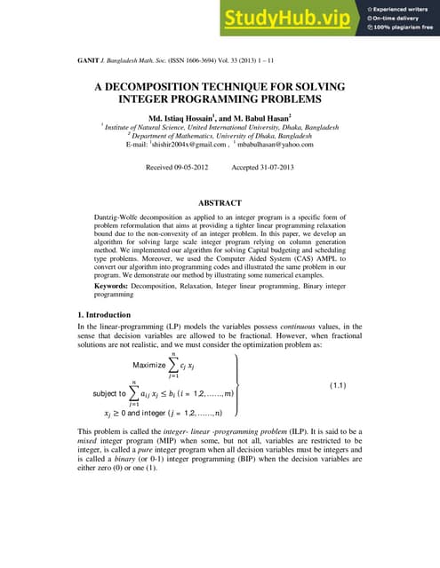 A Decomposition Technique For Solving Integer Programming Problems Pdf