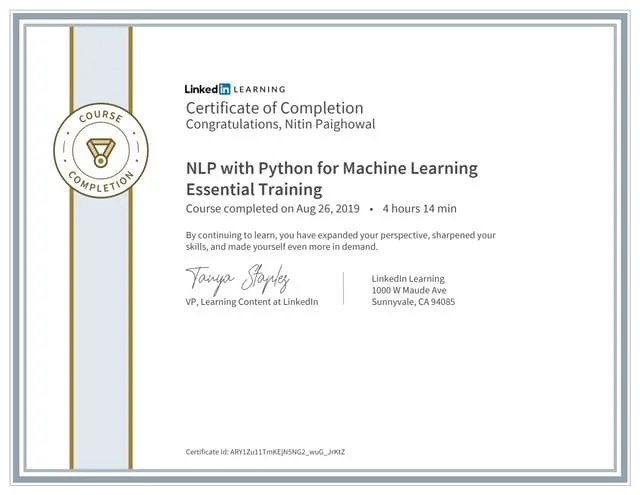 Certificate Ofcompletion Nlp With Python For Machine Learning Essential