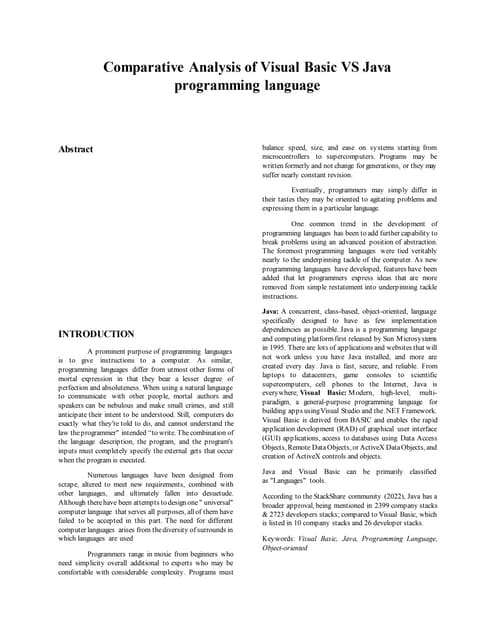 Comparative Analysis Of Visual Basic Vs Java Programming Language Docx