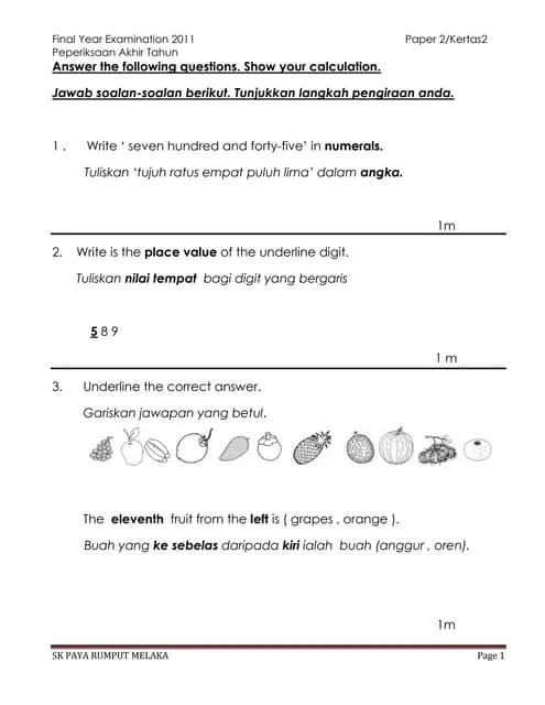 Peperiksaan Akhir Tahun Mathematics Year 2 Paper 1 Docx