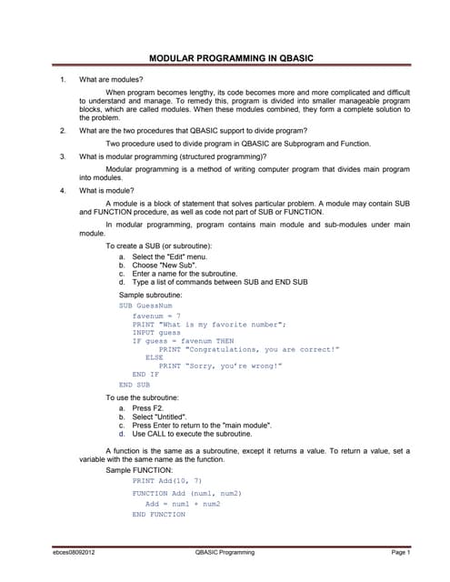 Modular Programming In Qbasic Pdf