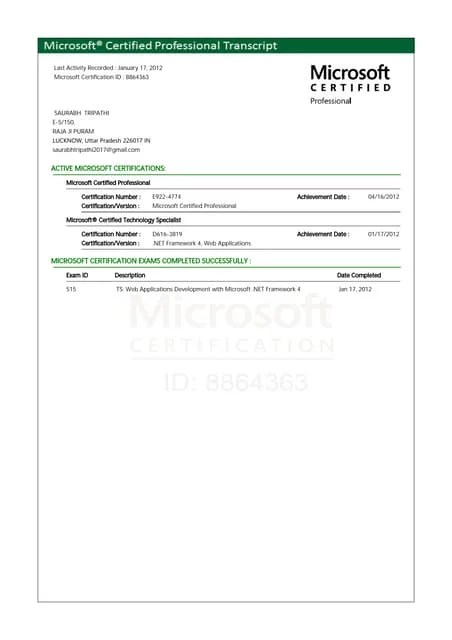 Microsoft Certified Professional Transcript Pdf