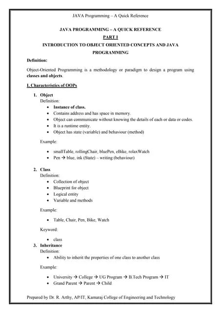 Oops Java Quick Reference Pdf