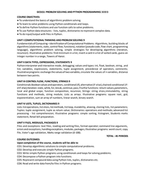 Ge3151 Problem Solving And Python Programming Syllabus Docx