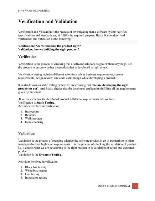 Verification And Validation In Software Engineering Docx