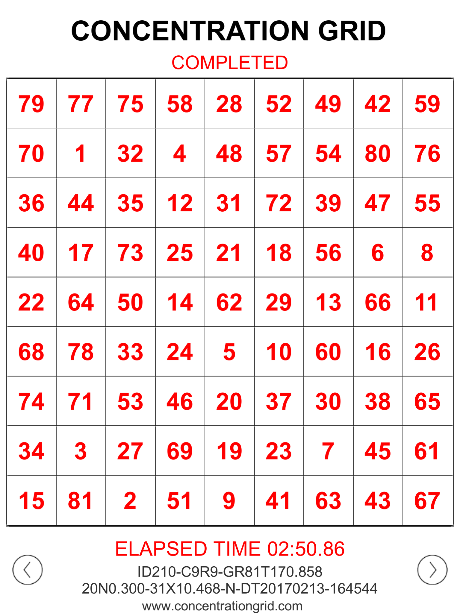 Concentration Grid – 9×9 grid in 2:50 min – CONCENTRATION GRID