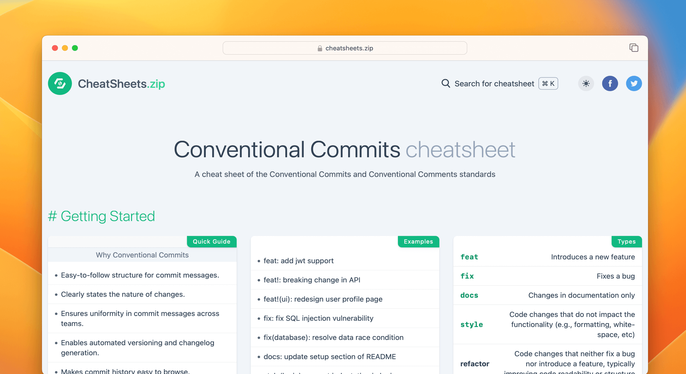 Conventional Commits Cheat Sheet Quick Reference