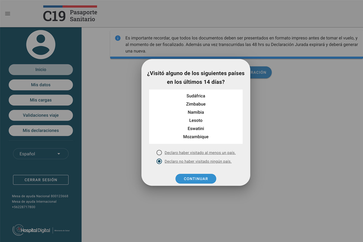 C19: Nueva declaración jurada para viajeros que ingresan a Chile