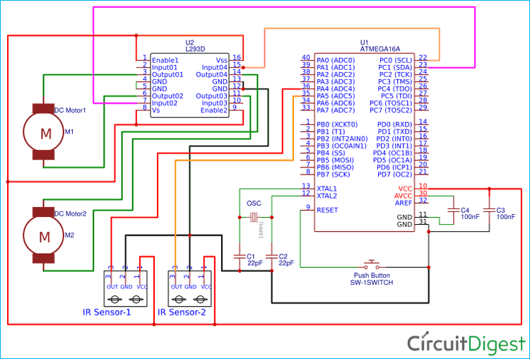 Line Follower Robot Circuit Diagram Using Atmega16