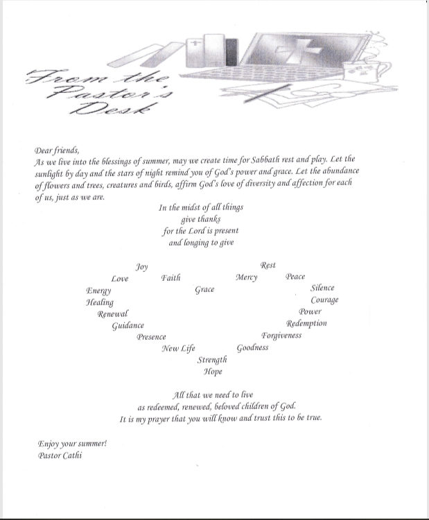 Letter from Pastor Cathi – July 2018 | Bethany United Methodist Church