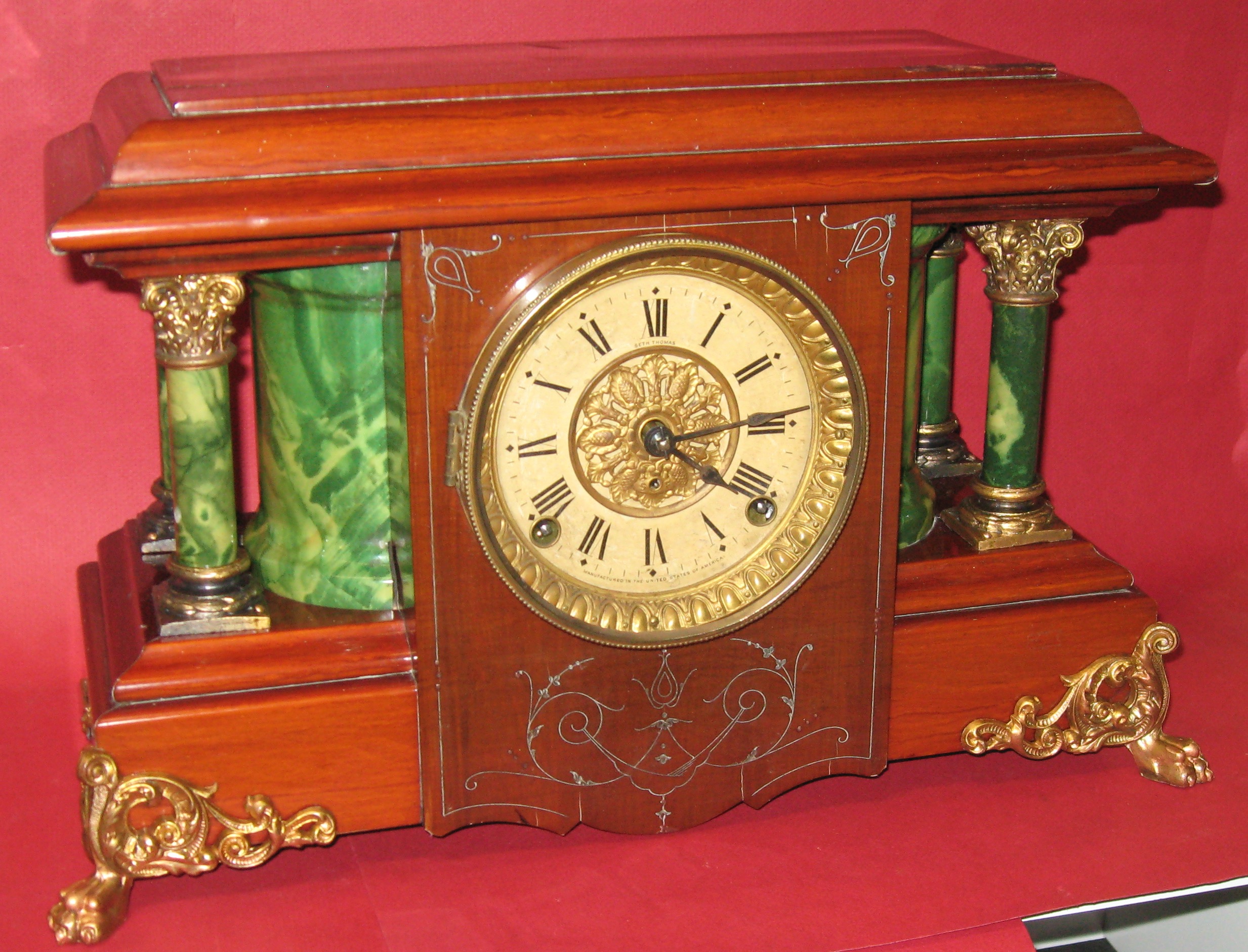 Seth Thomas Adamantine Mantel Clock, Mahogany and Green Marble – ClockInfo.com