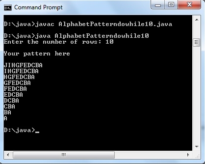 Alphabet triangle pattern using do-while loop in Java - Codeforcoding