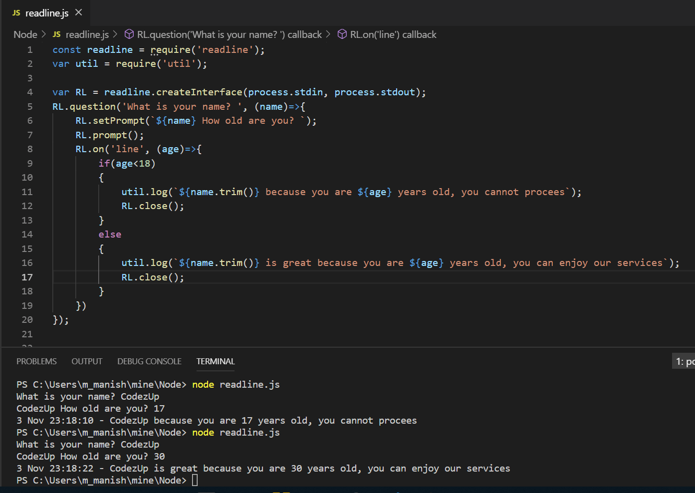 Node js Readline Module | Step By Step Example | Codez Up