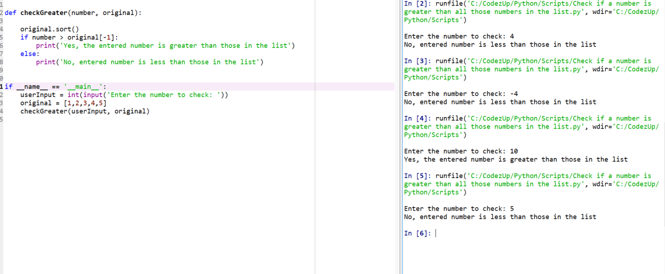 Check if a number is greater than all those numbers in the list - Python