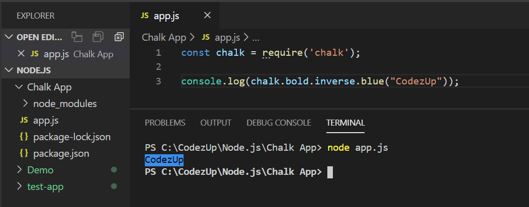 Chalk Library NPM Package in Node.js | Codez Up
