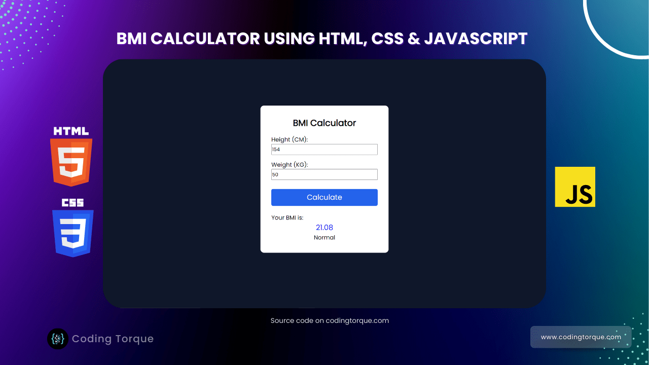 Bmi Calculator Using Html Css And Javascript Coding Torque Coding 1472