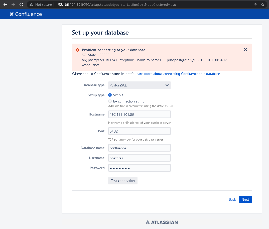 Error Testing Database Connection During Confluenc