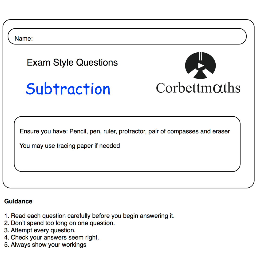 Subtraction Practice Questions – Corbettmaths