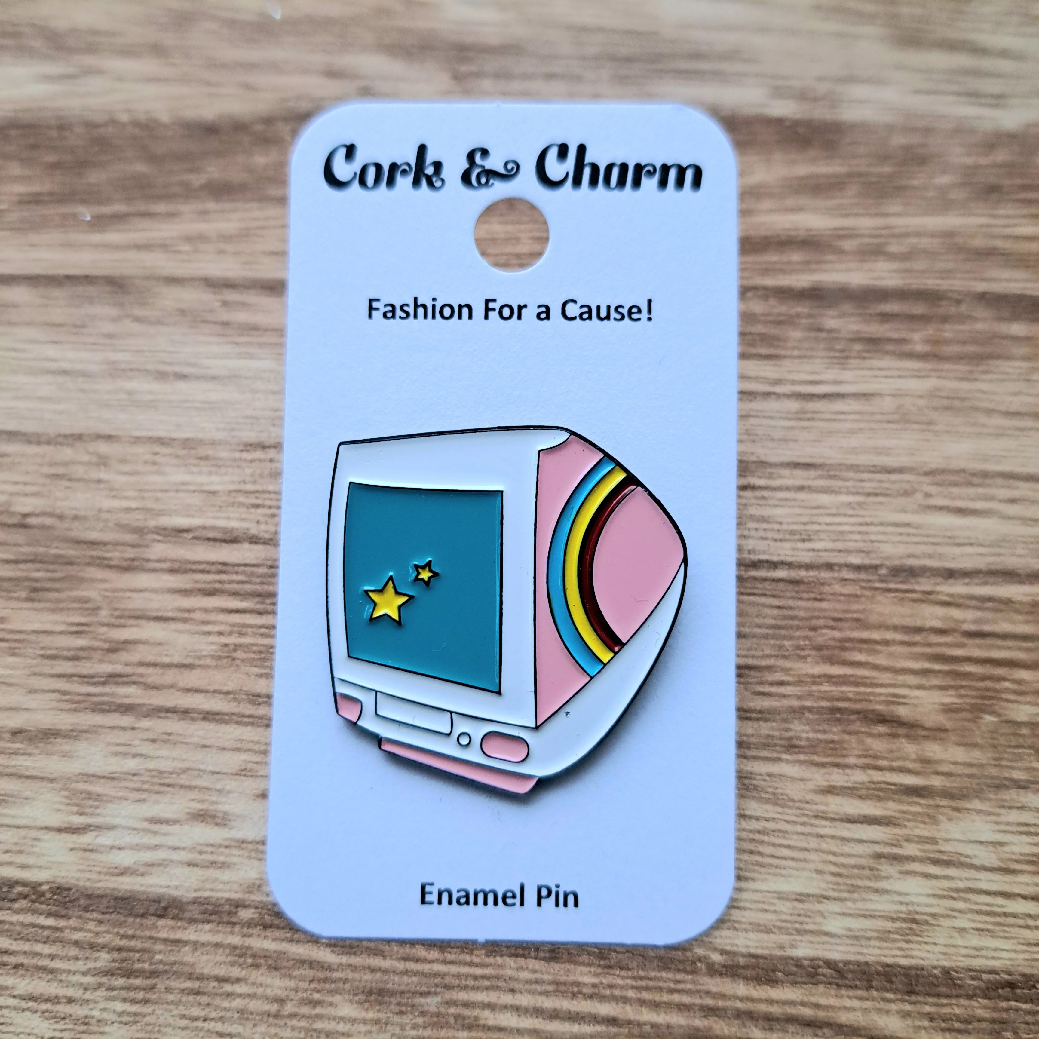 Retro Pink Teal Computer Monitor Screen Enamel Pin Cork And Charm