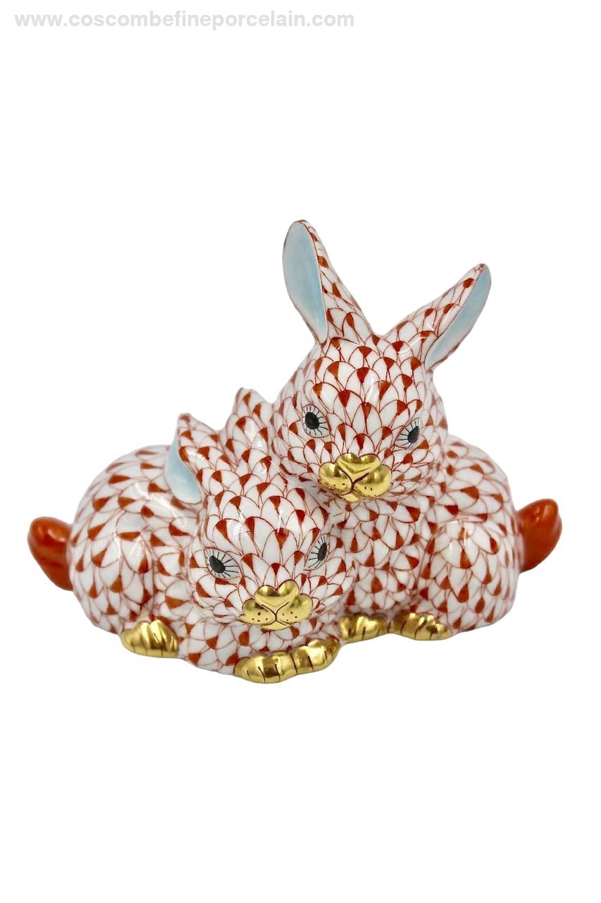 Herend Red Bunnies porcelain pair of rabbits in red.