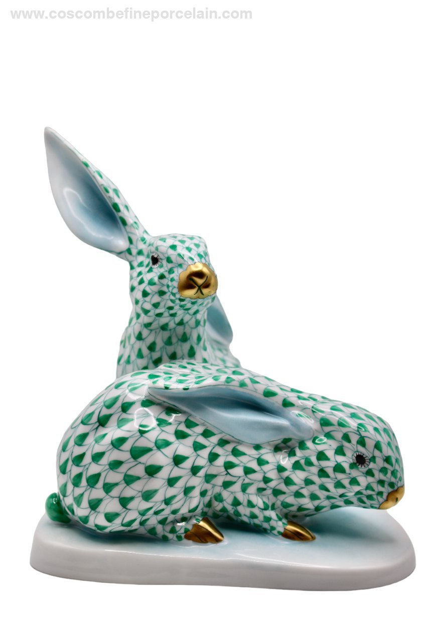 Herend XL Rabbits hand painted in the green fishnet design UK shop