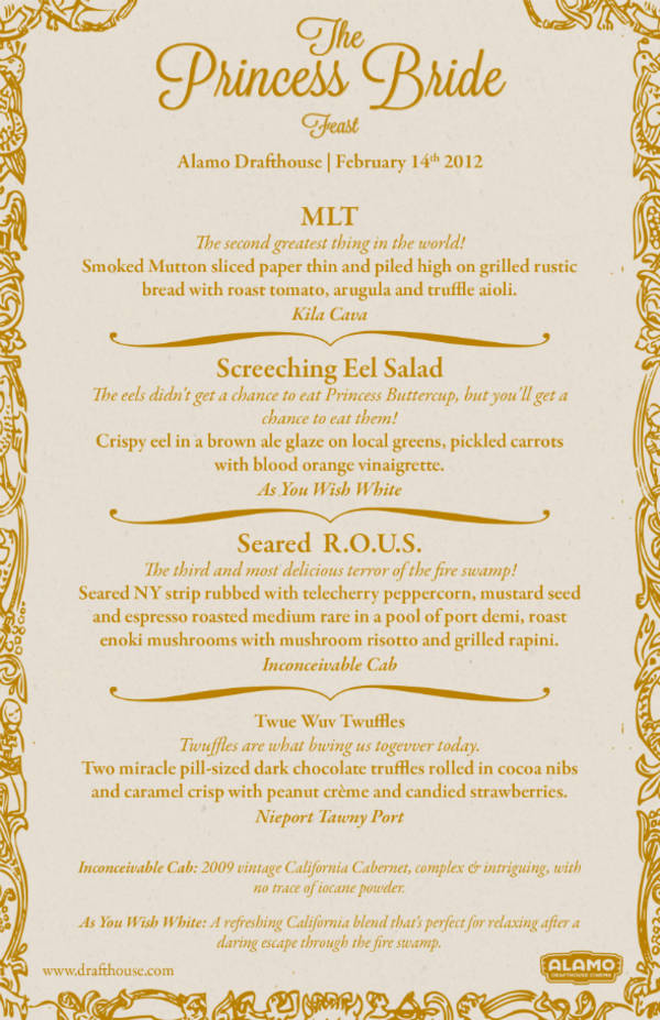 Princess Bride V-Day screening & feast at Alamo Drafthouse - Boing Boing