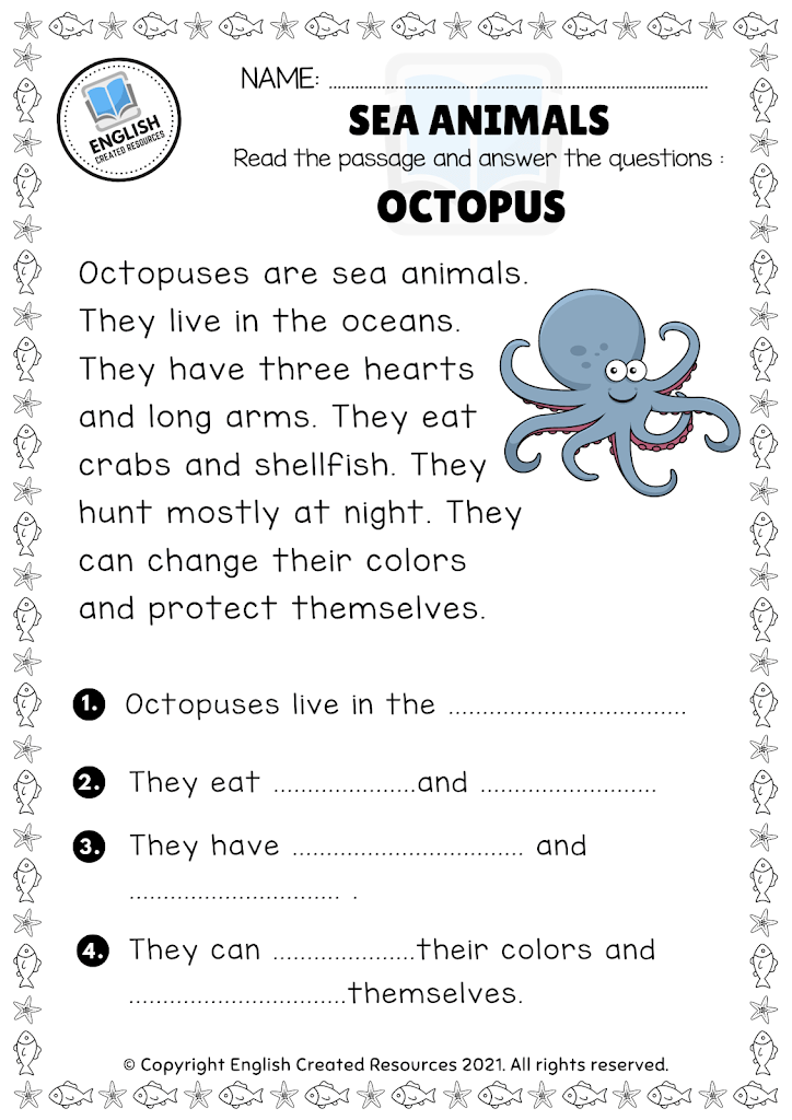 Sea Animals Reading Comprehension - English Created Resources