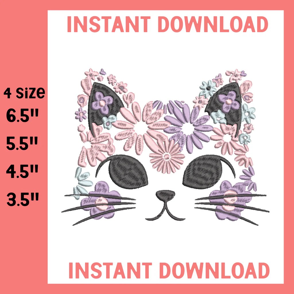 Flower Pattern Cat Face Machine Embroidery Digital Machine Embroidery